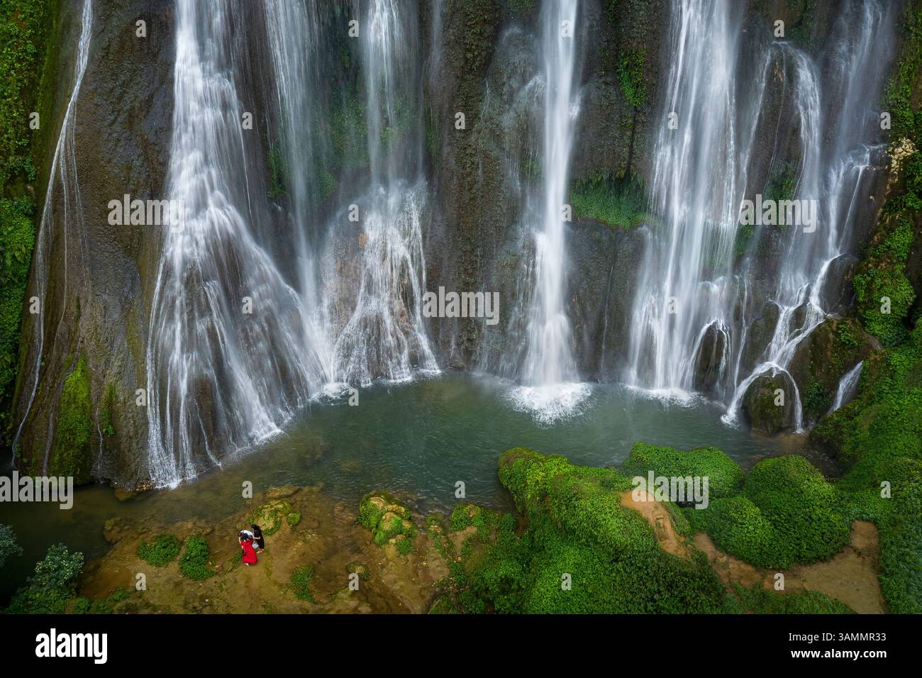 Aerial view of Ban Gioc Detian Falls along the Quay Son River on the ...