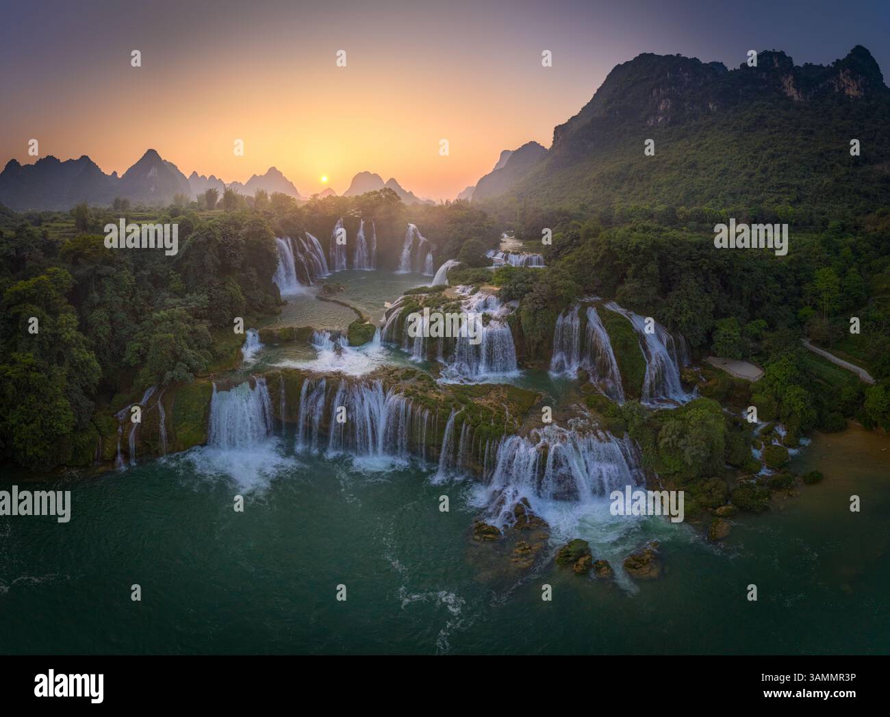 Aerial view of Ban Gioc Detian Falls along the Quay Son River on the ...