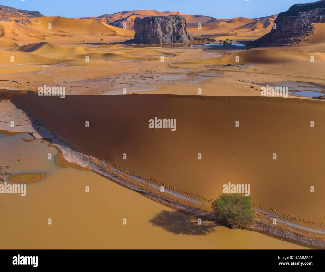 Aerial View of an oasis in the Sahara desert at sunset, Djanet, Algeria ...