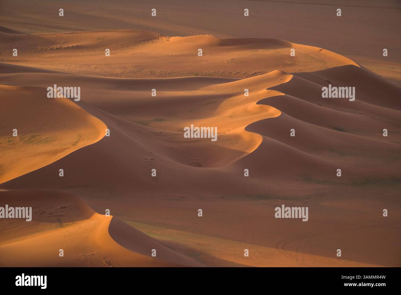 Aerial View of sand dunes at sunset in the Sahara desert, Djanet ...
