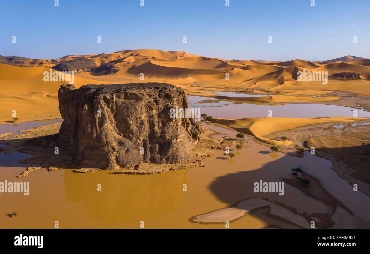 Aerial View of an oasis in the Sahara desert at sunset, Djanet, Algeria ...