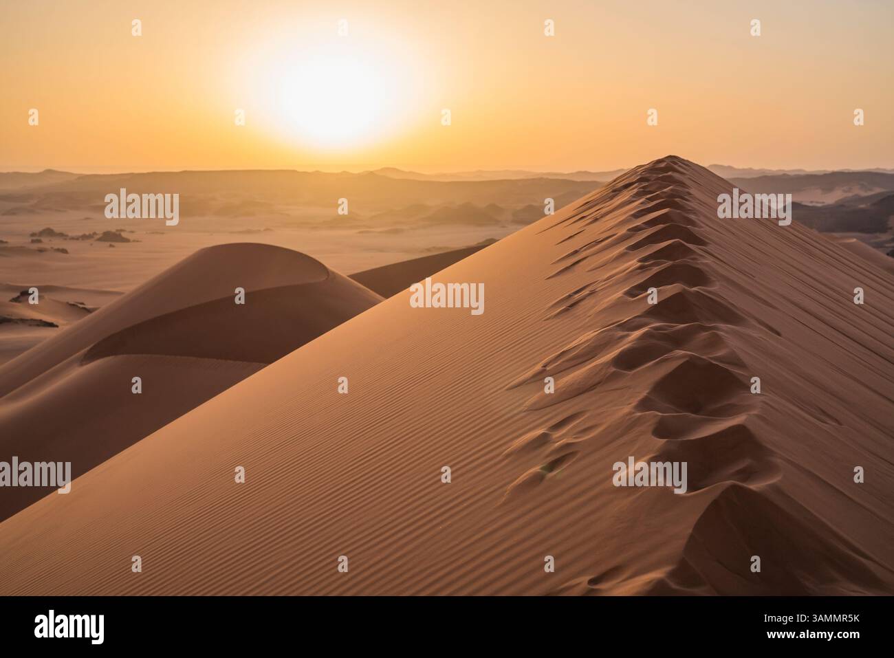 Aerial View of sand dunes at sunset in the Sahara desert, Djanet ...
