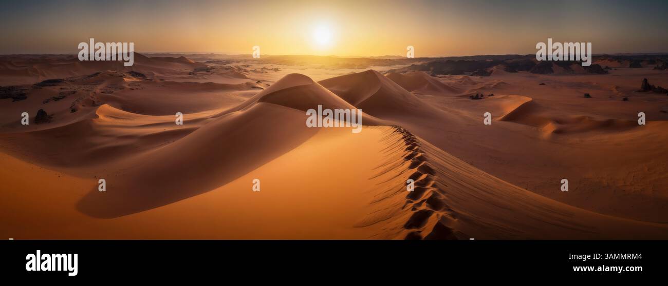 Aerial View of sand dunes at sunset in the Sahara desert, Djanet ...