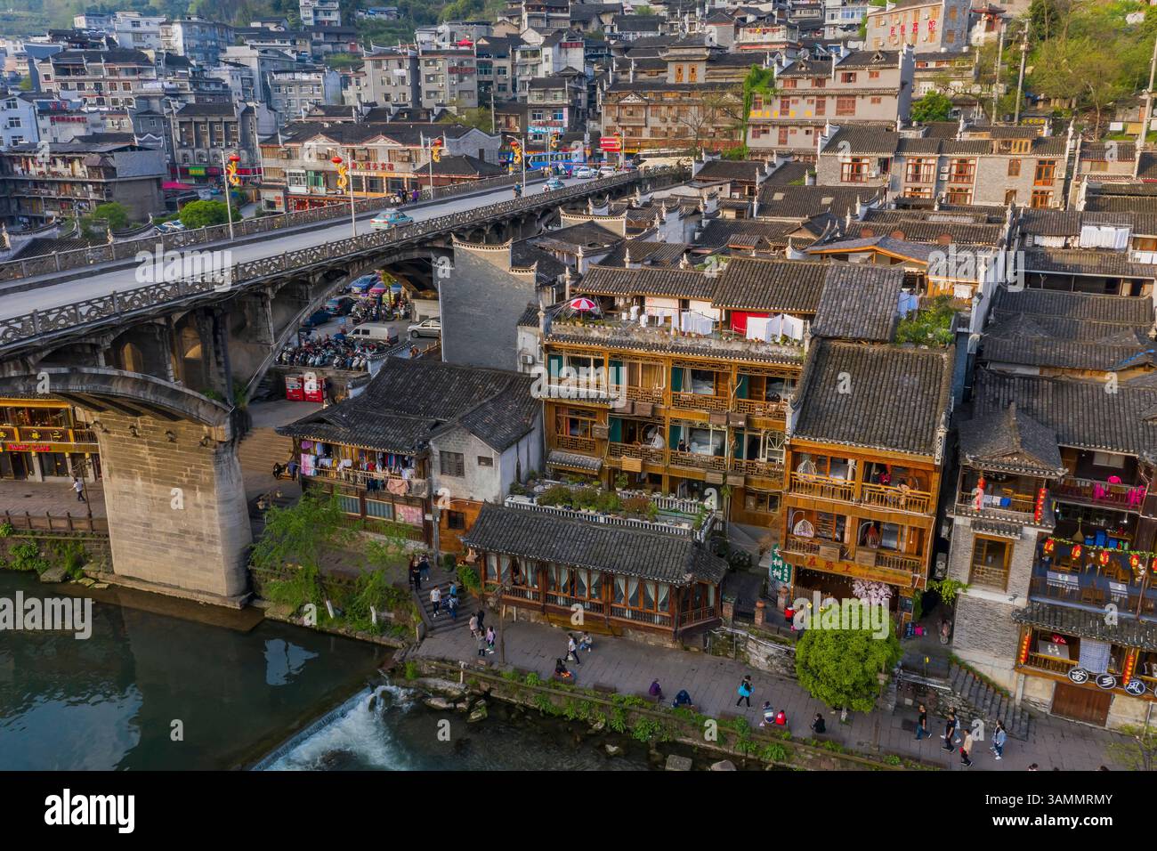 Aerial view of Fenghuang, a small village among the mountains in ...