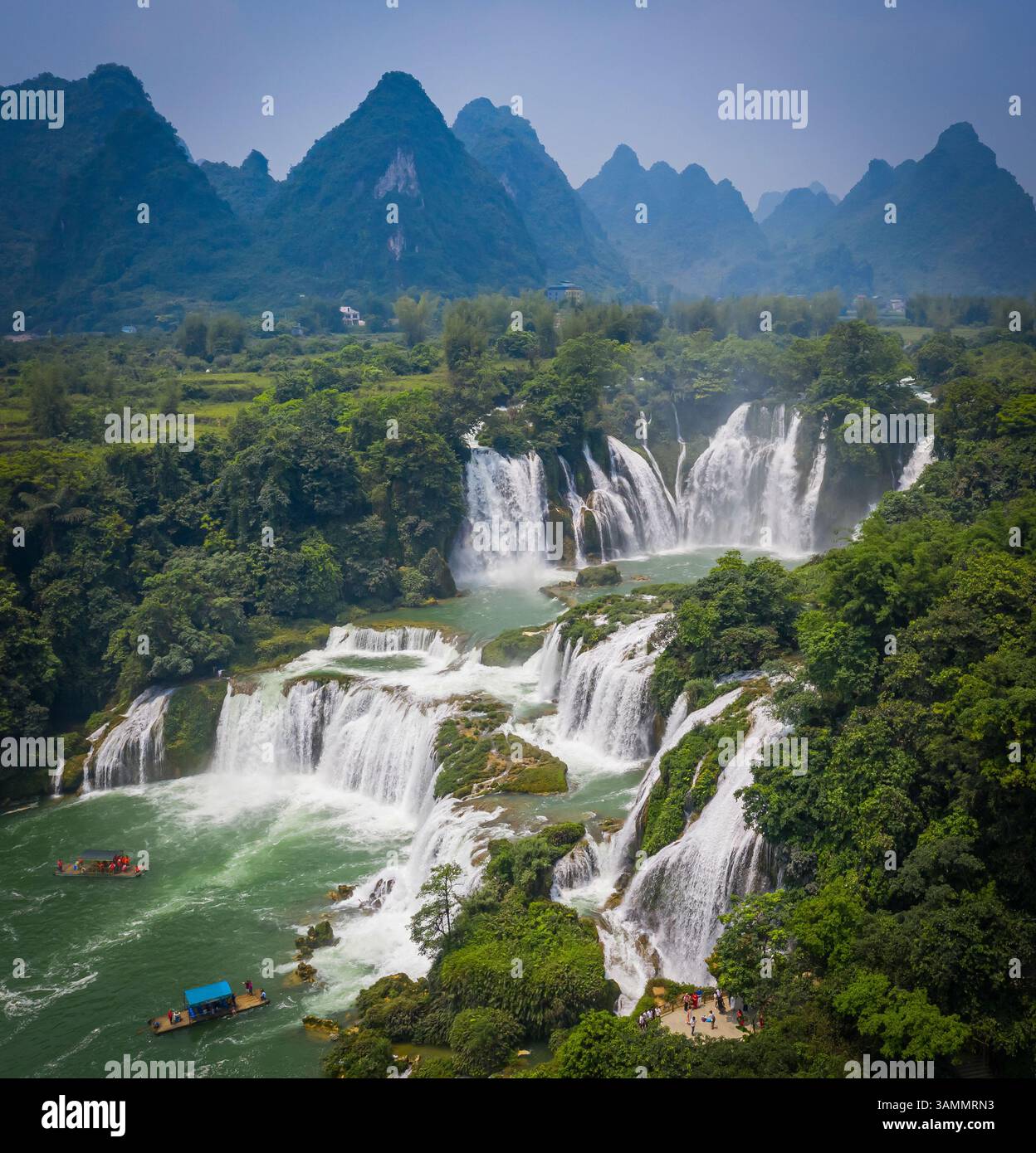 Aerial view of Ban Gioc Detian Falls along the Quay Son River on the ...