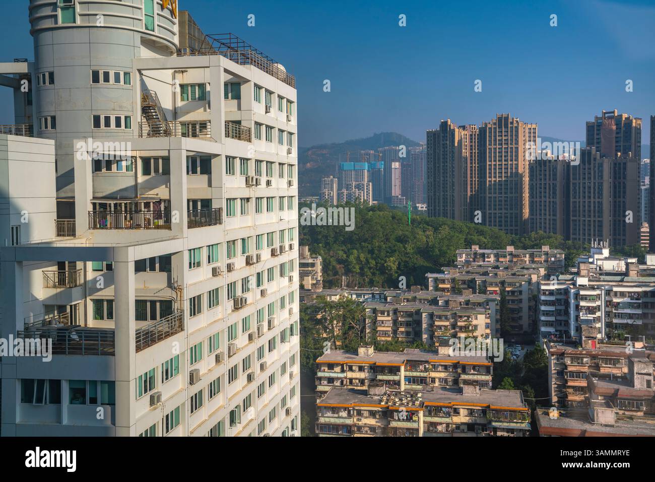 Aerial view of Shenzhen skyline with tall buildings at night, Guangdong ...