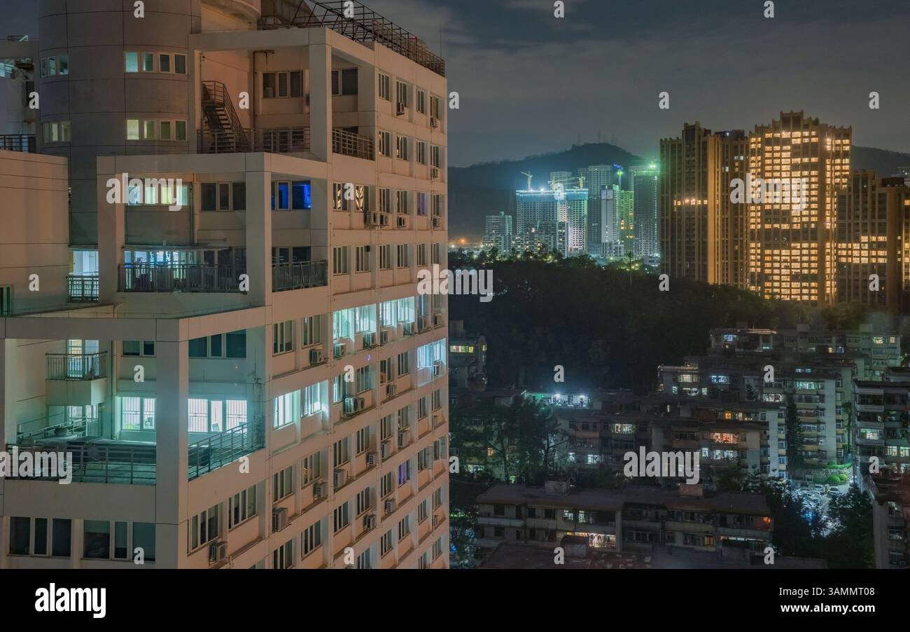 Aerial view of Shenzhen skyline with tall buildings at night, Guangdong ...
