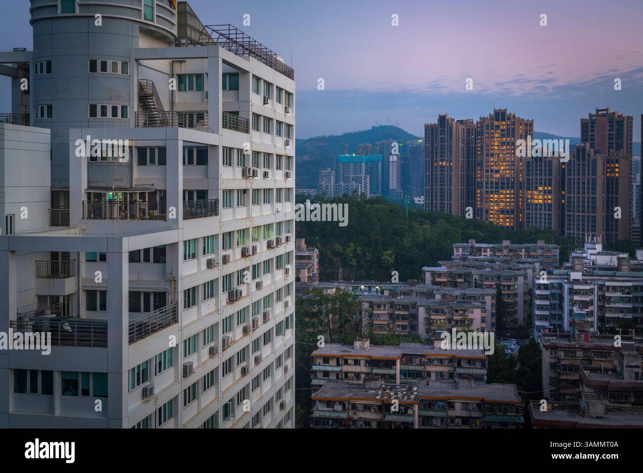 Aerial view of Shenzhen skyline with tall buildings at night, Guangdong ...