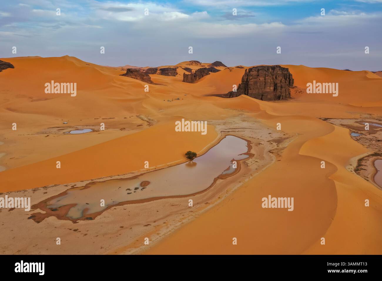Aerial View of an oasis in the Sahara desert at sunset, Djanet, Algeria ...