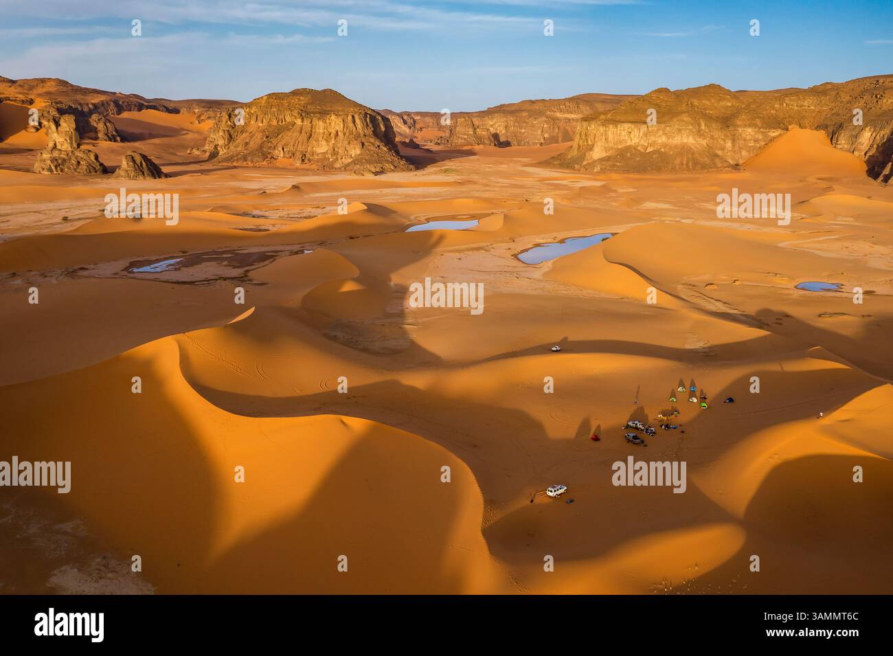 Aerial View of people camping in the Sahara desert, Djanet, Algeria ...