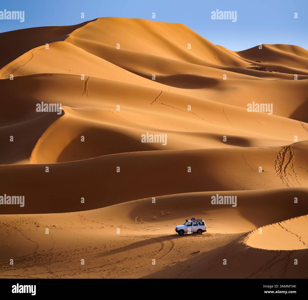Aerial View of an off road vehicle driving among the sand dunes at ...