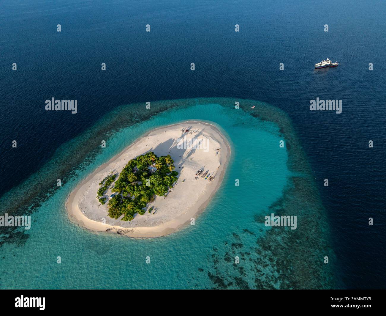 Aerial view of idyllic tropical island with pristine beach and ...
