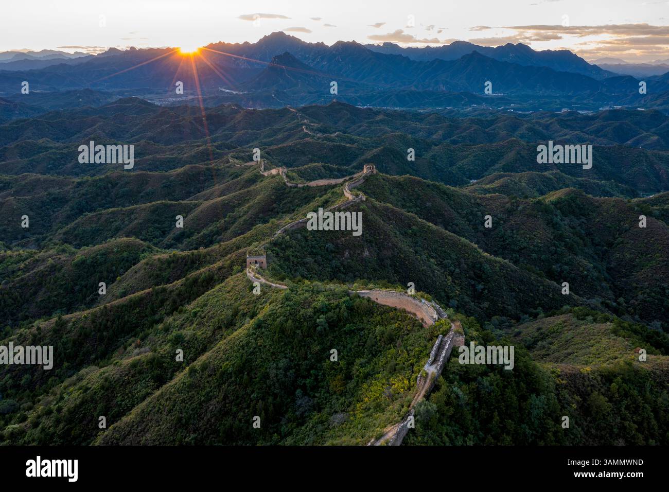 Aerial view of the majestic Jinshanling old Great Wall winding through ...