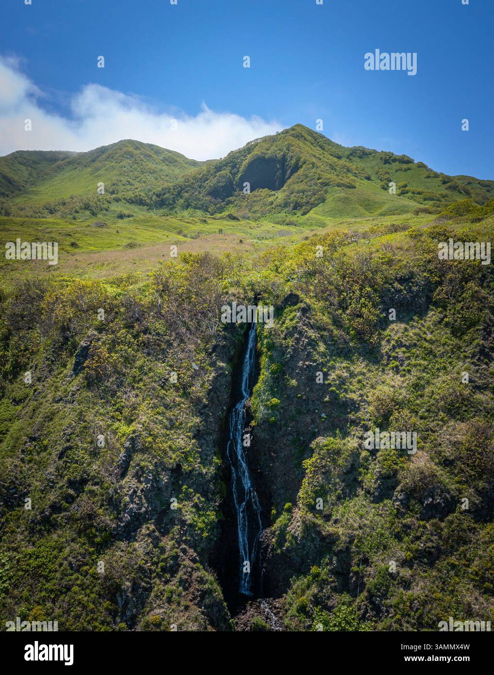 Aerial view of Moneron island with lush green landscape and cascading ...