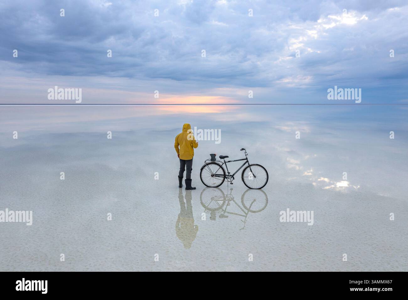 Aerial view of serene salt Lake Elton reflecting the colorful sunset ...