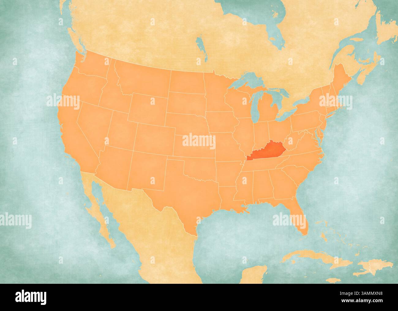 Kentucky on the map of United States of America in soft grunge and ...