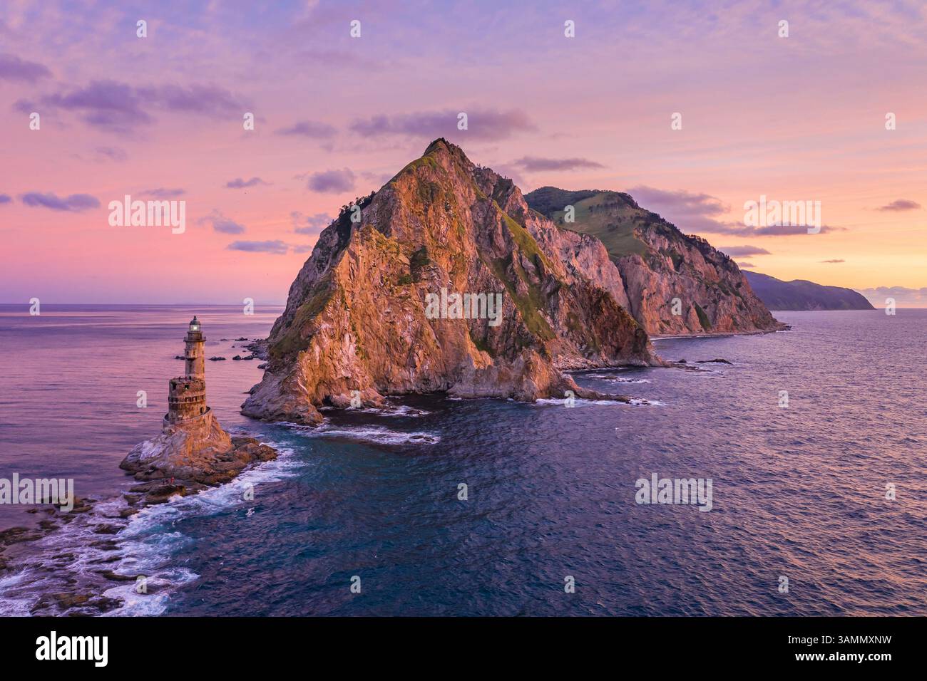 Aerial view of Aniva Lighthouse on Cape Aniva, Sakhalin Island, Russia ...