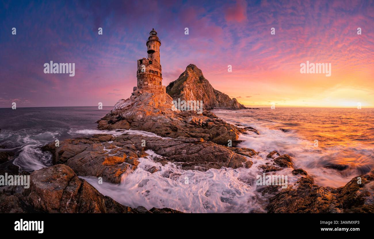 Aerial view of Aniva Lighthouse on Sakhalin Island, Sakhalin Oblast ...