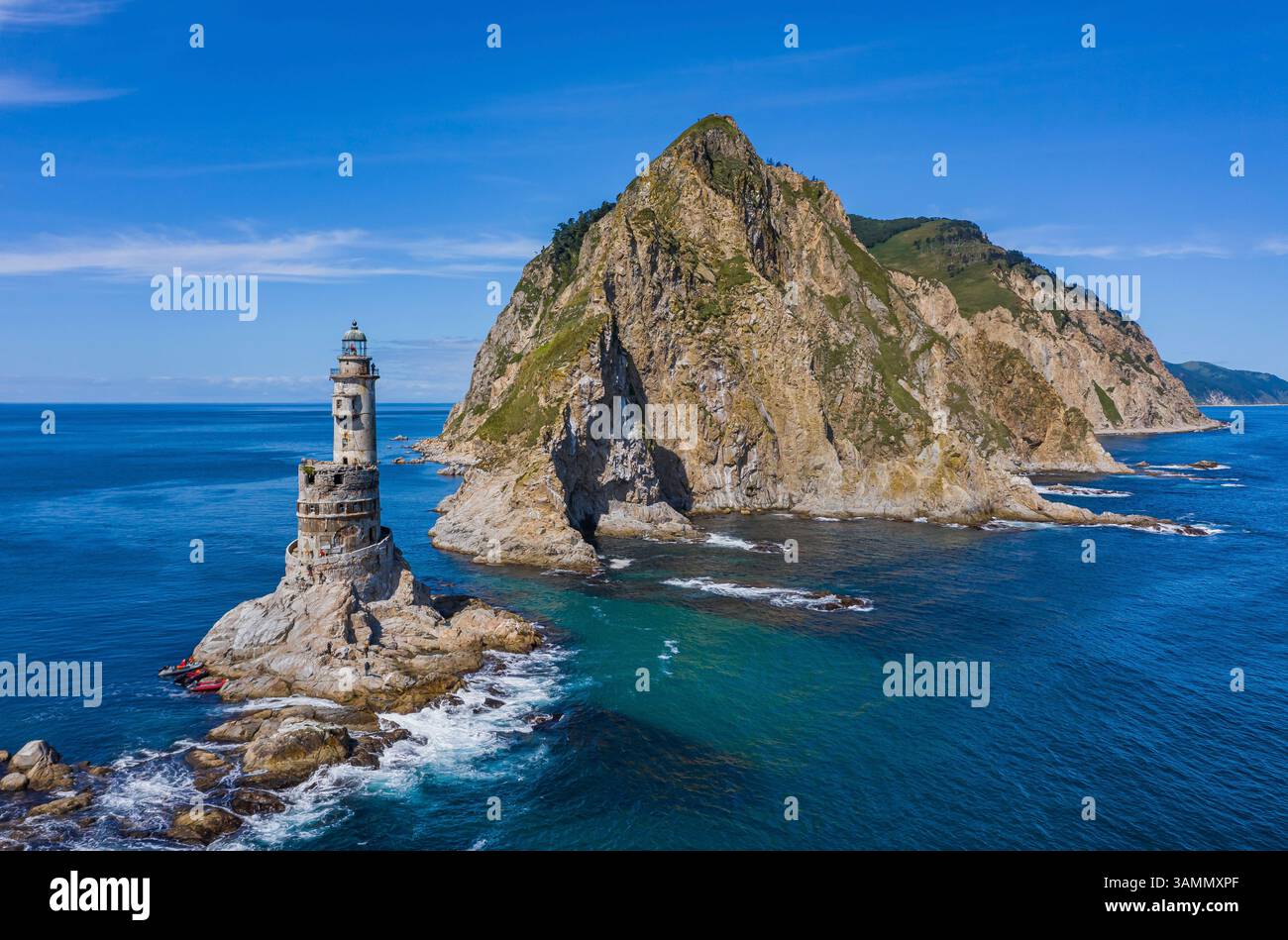 Aerial view of Aniva Lighthouse on Sakhalin Island, Sakhalin Oblast ...