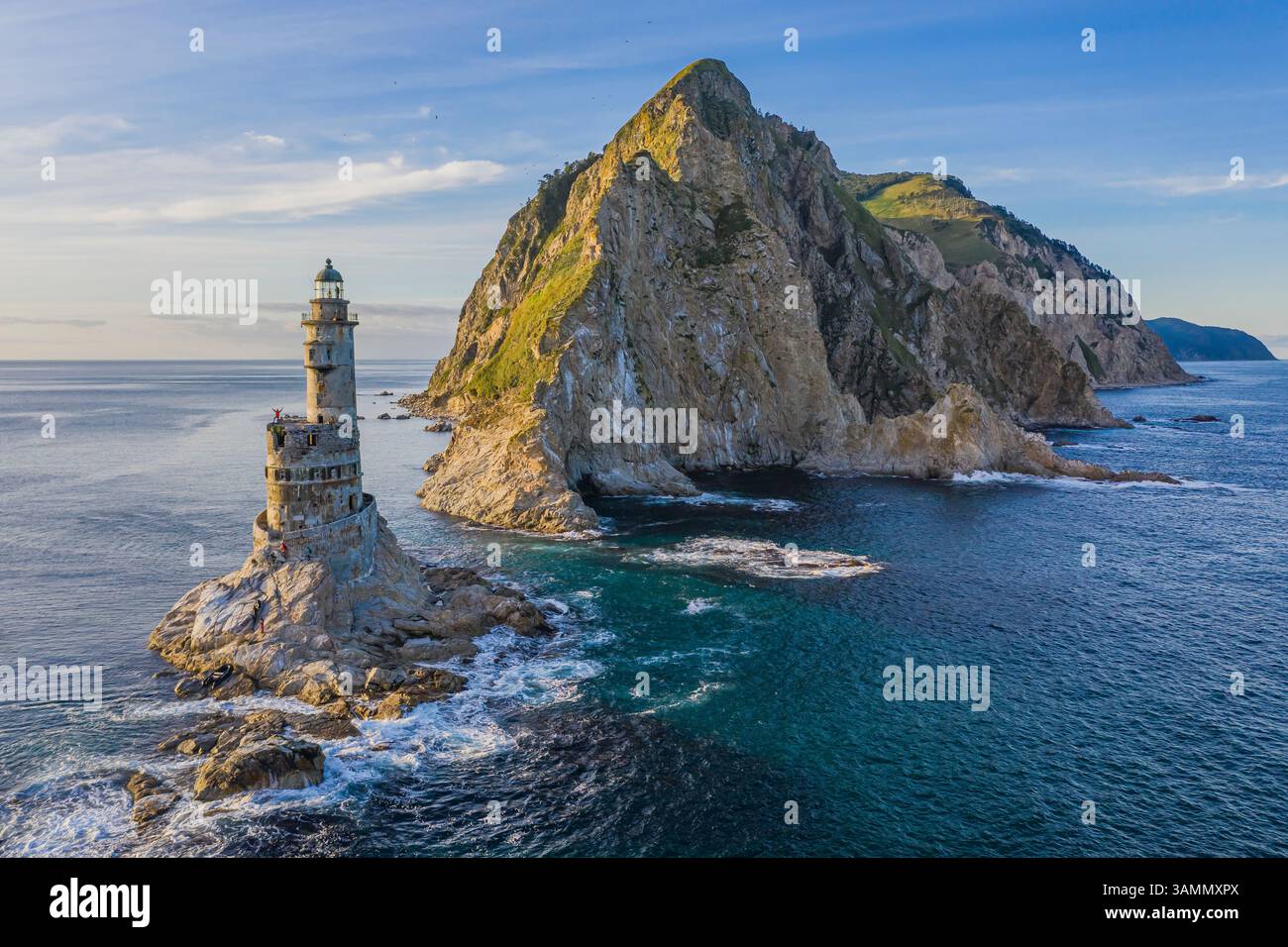 Aerial view of Aniva lighthouse on Sakhalin island, Sakhalin oblast ...