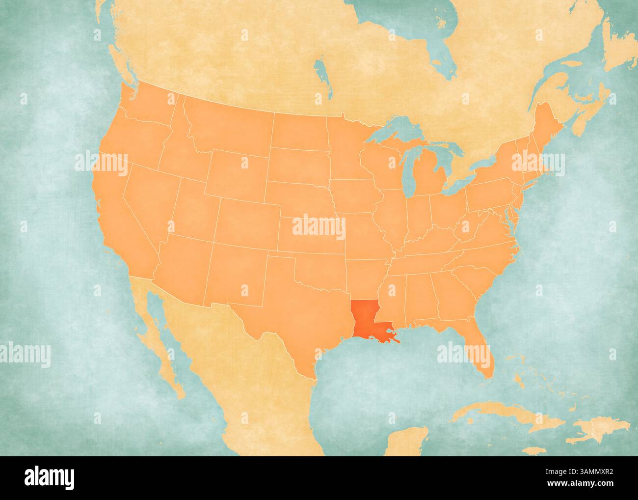 Louisiana on the map of United States of America in soft grunge and ...