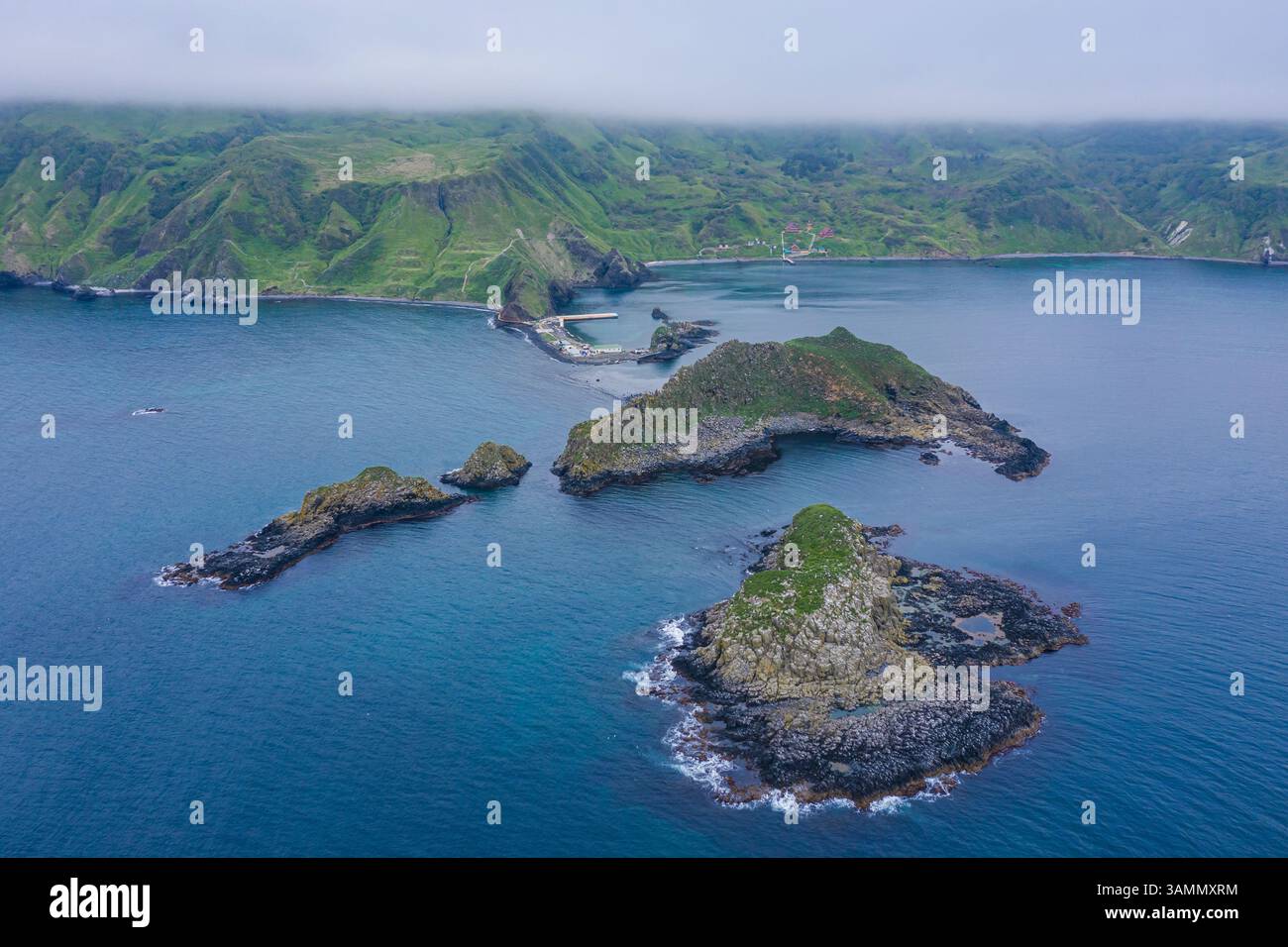 Aerial view of beautiful, natural Moneron island's rugged coastline ...