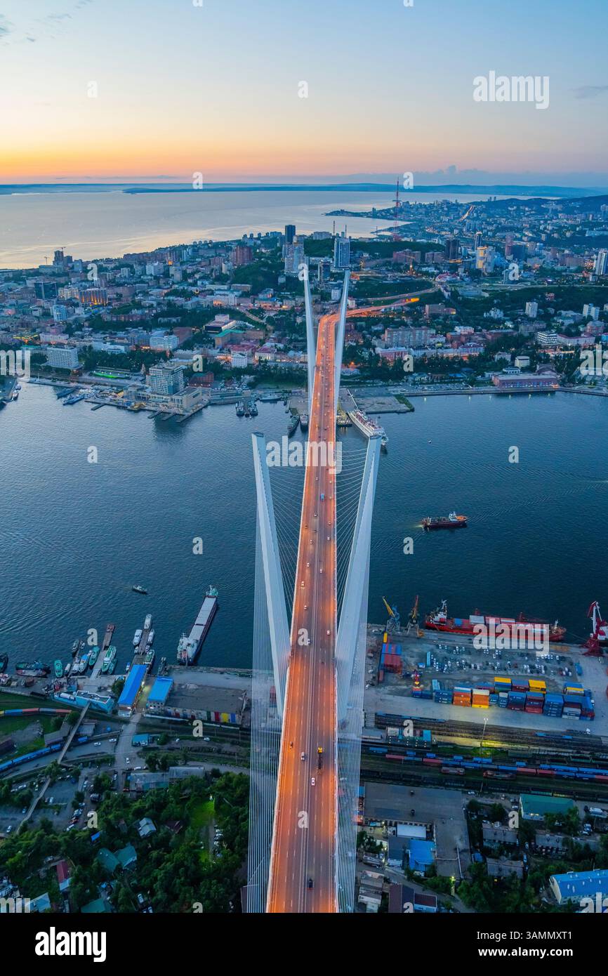 aerial view of Vladivostok, Golden Horn Bay, Russki bridge, Primorsky ...
