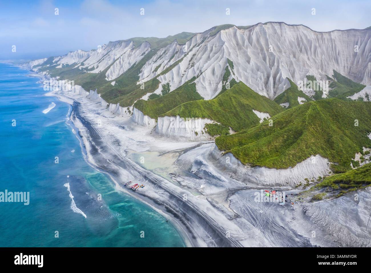 Aerial view of the beautiful sandy coastline of Iturup Island in the ...