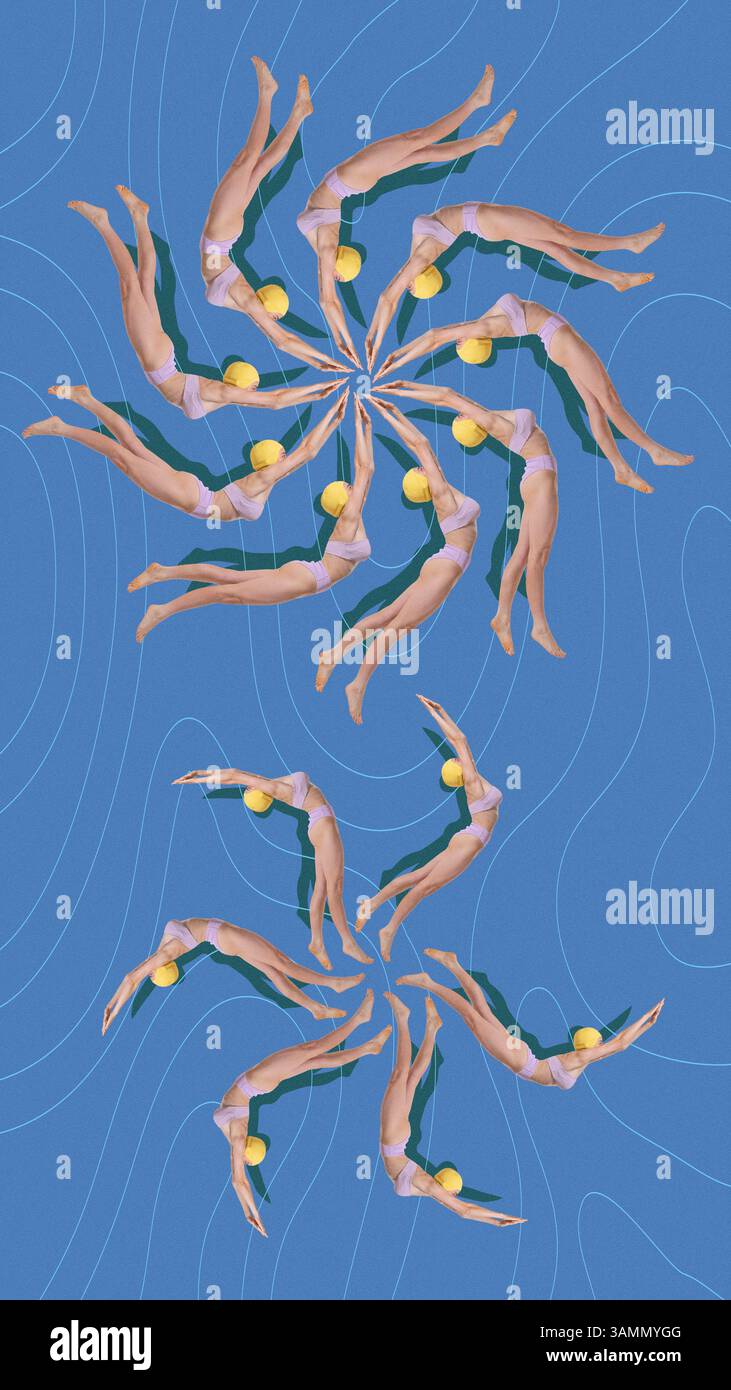 Visual illusion artwork. Radiating formation of swimmers in lilac suits ...