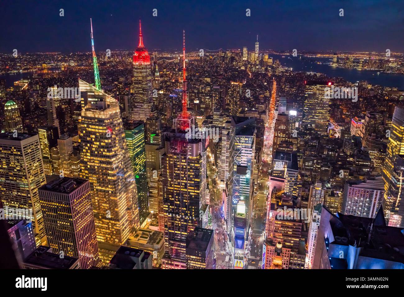 Aerial view of beautiful Manhattan skyline at night, New York, United ...