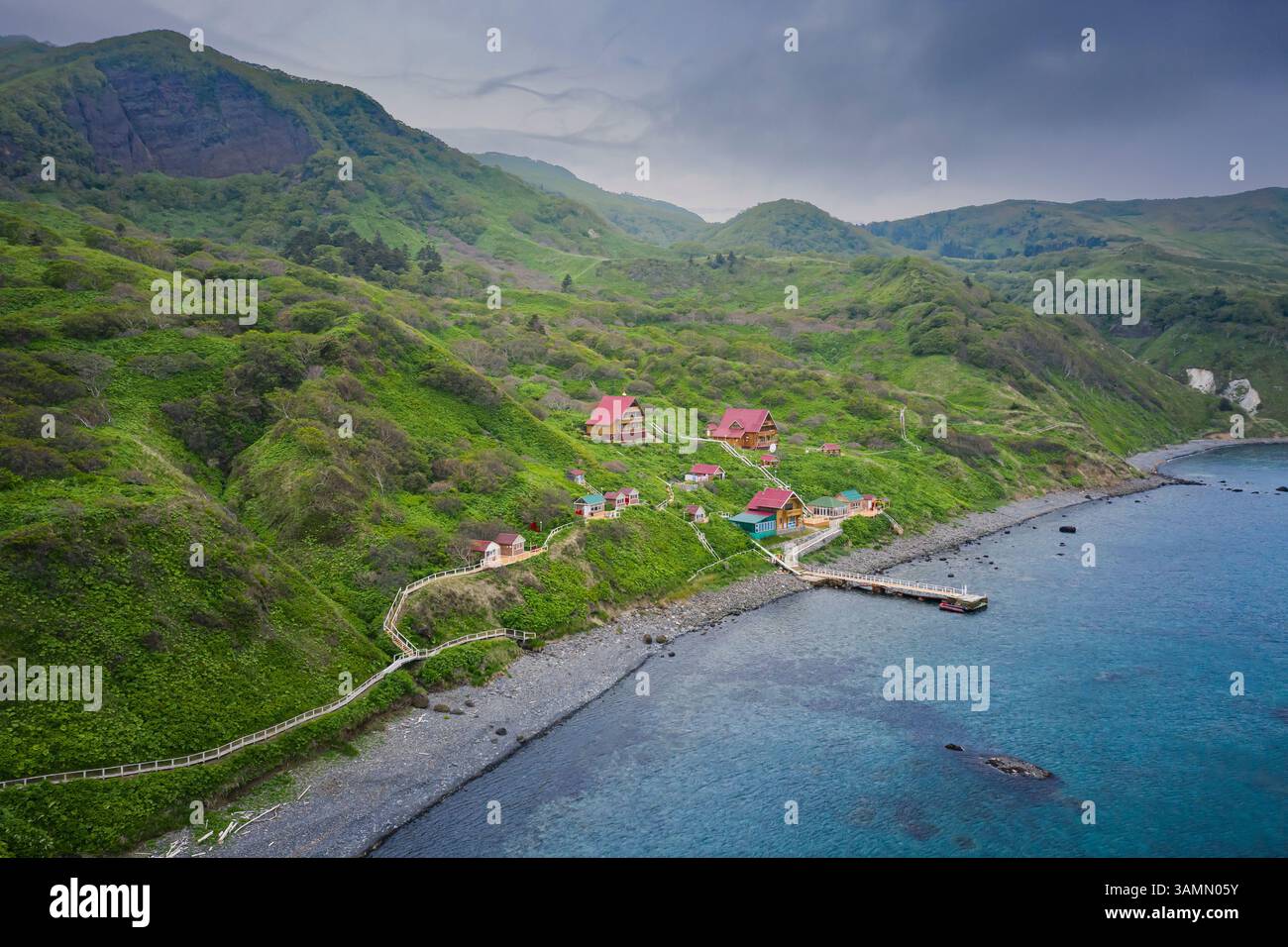 Aerial panoramic view of houses and small village on Ostrov Moneron ...