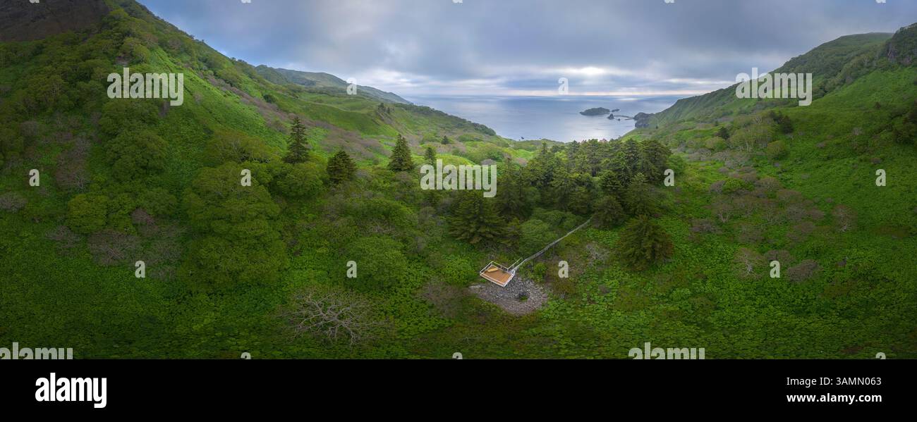 Aerial view of Ostrov Moneron island, Nevelsk, Sakhalin Oblast, Russia ...