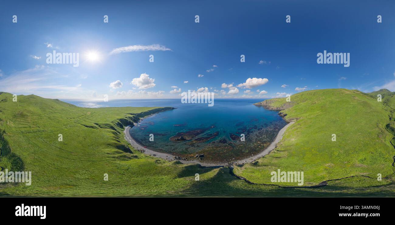 Aerial view of Ostrov Moneron island, Nevelsk, Sakhalin Oblast, Russia ...