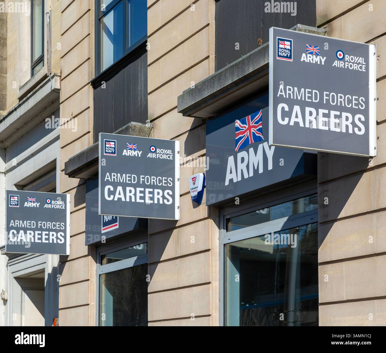 Armed Forces military recruitment office signs, Colston Avenue, city centre of Bristol, England ...