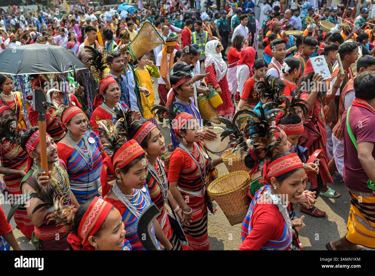 Dhaka, Bangladesh. 14th Apr, 2025. Bangladeshi people march down a ...