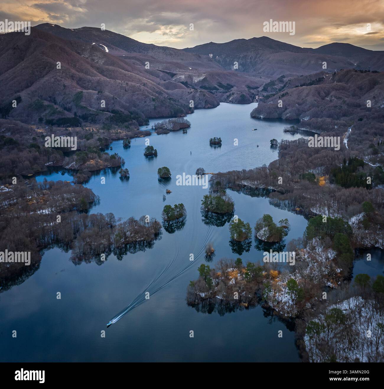 Aerial View of Hibara lake in early morning, Kitashiobara, Yama ...