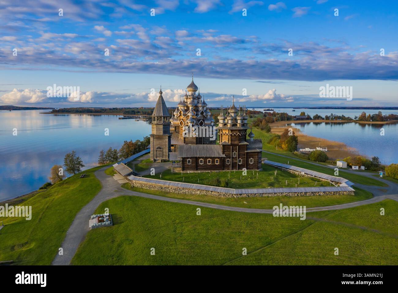 Aerial view of the Kizhi Pogost, an historical site and building with ...