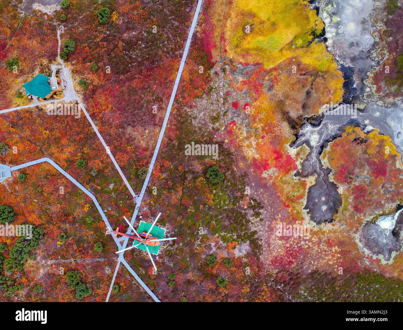 Aerial view of Uzon, a volcanic caldera and geothermal area with hot ...