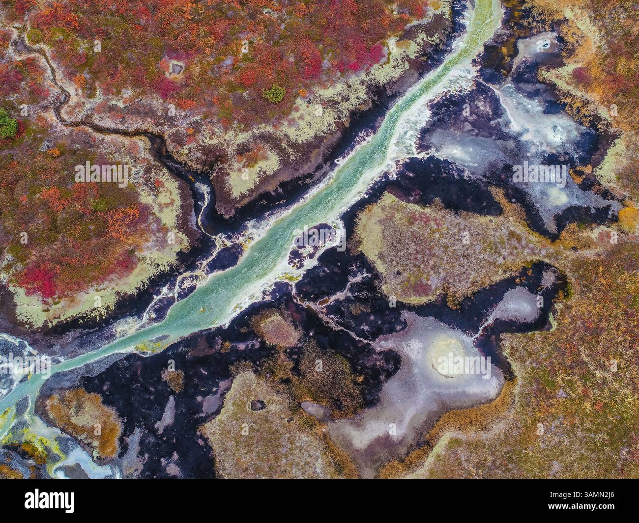 Aerial view of Uzon, a volcanic caldera and geothermal area with hot ...
