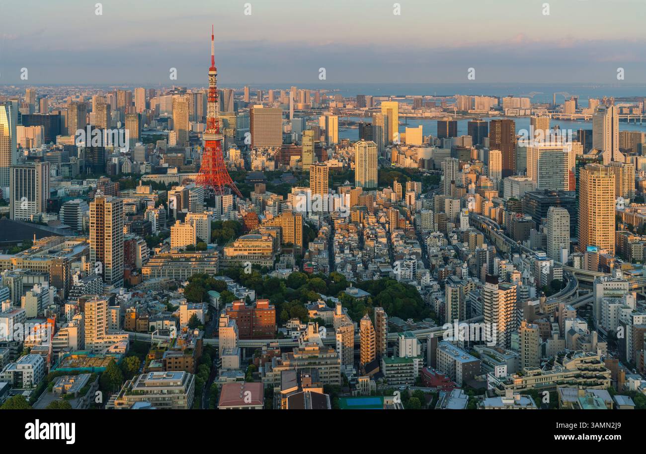Aerial view of Tokyo downtown at sunset, Kanto region, Japan Stock ...