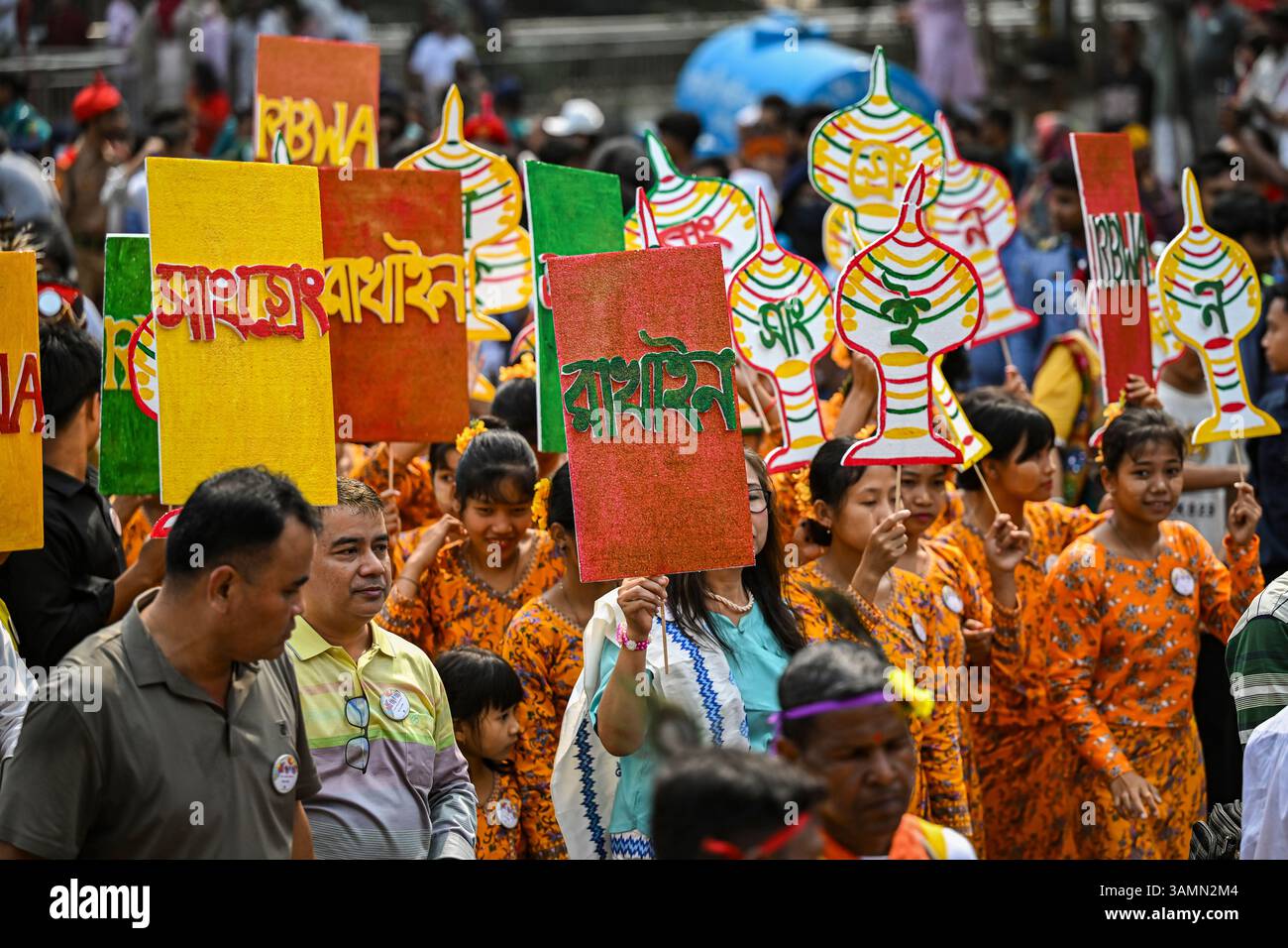 Dhaka, Bangladesh. 14th Apr, 2025. Bangladeshi people march down a ...