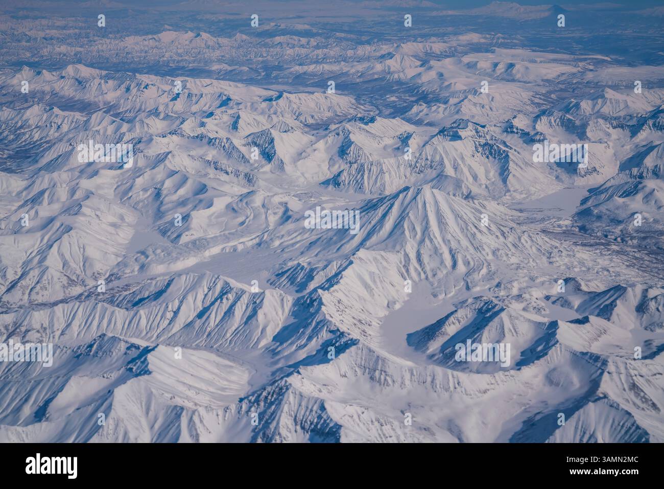 Aerial view of mountain landscape in winter with snow in the Kamchatka ...
