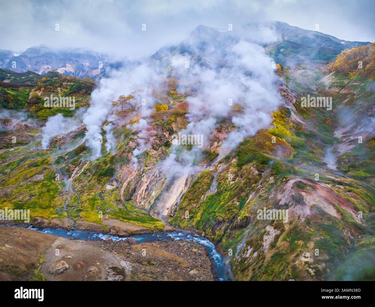 Aerial view of Dolina Geyzerov, a volcanic caldera and geothermal area ...