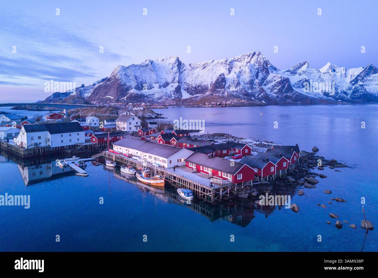 Aerial view of Svolvaer in winter, a small town on the Lofoten Islands ...