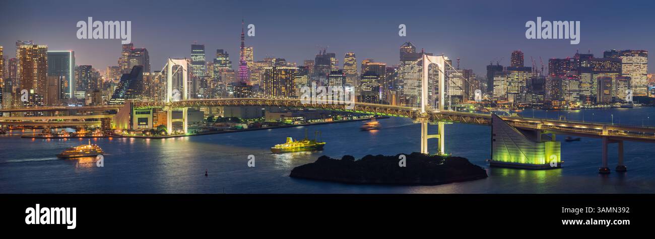 Aerial panoramic view of the Rainbow Bridge crossing northern Tokyo Bay ...