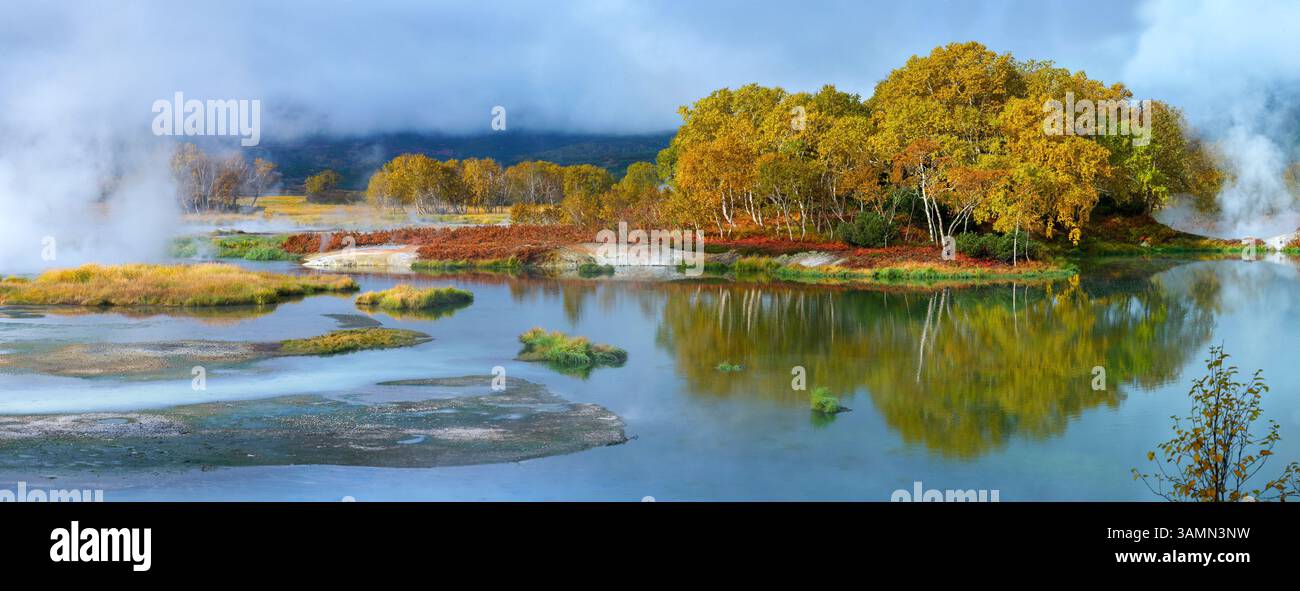 Aerial view of Uzon, a volcanic caldera and geothermal area with hot ...