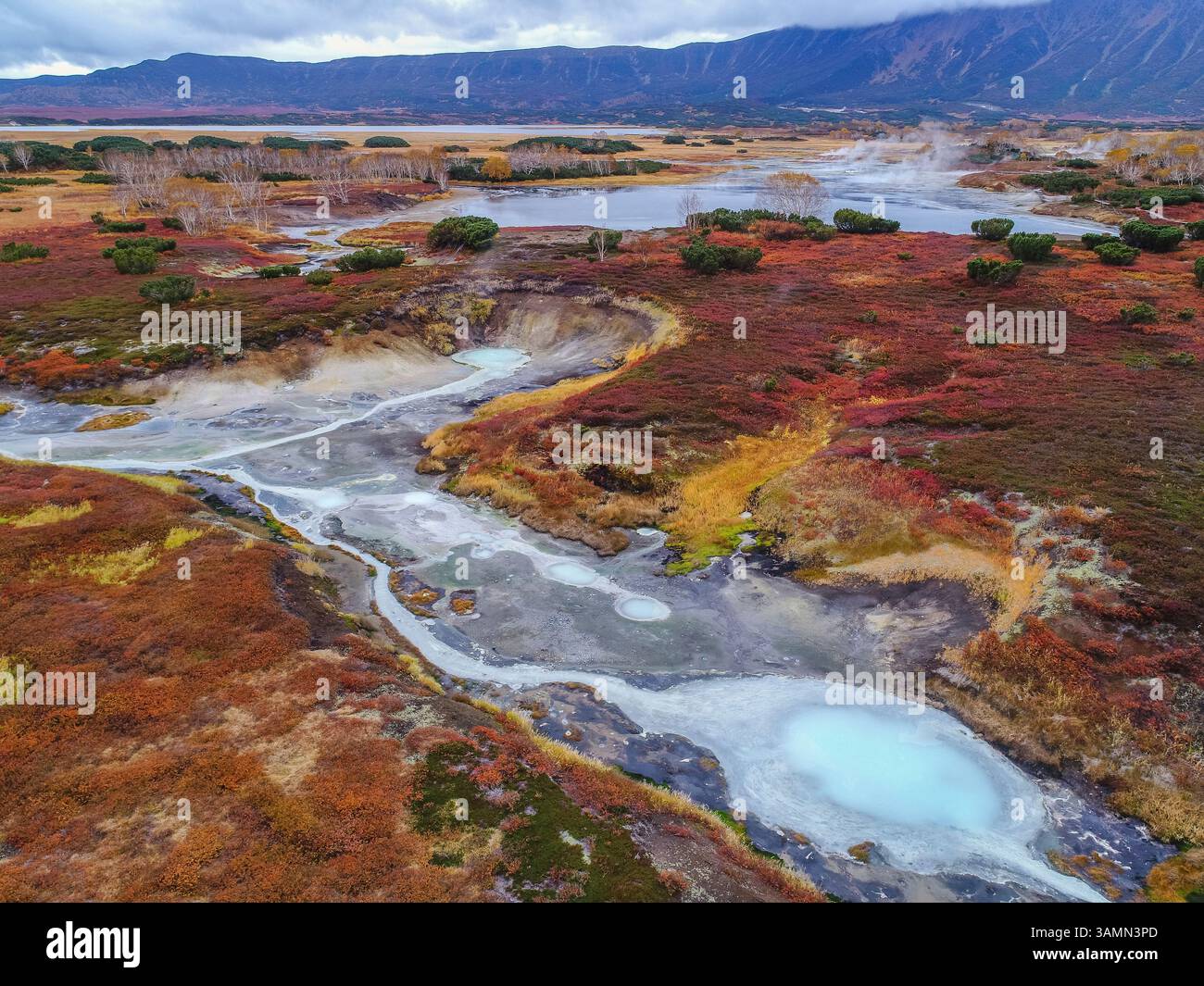 Aerial view of Uzon, a volcanic caldera and geothermal area with hot ...