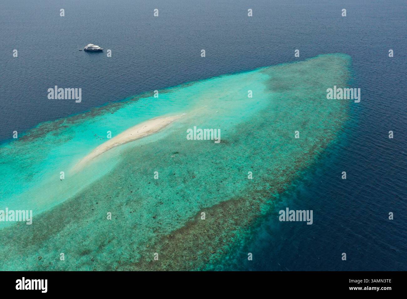 Aerial view of a small boat along the reef of Malè Atoll, Maldives ...