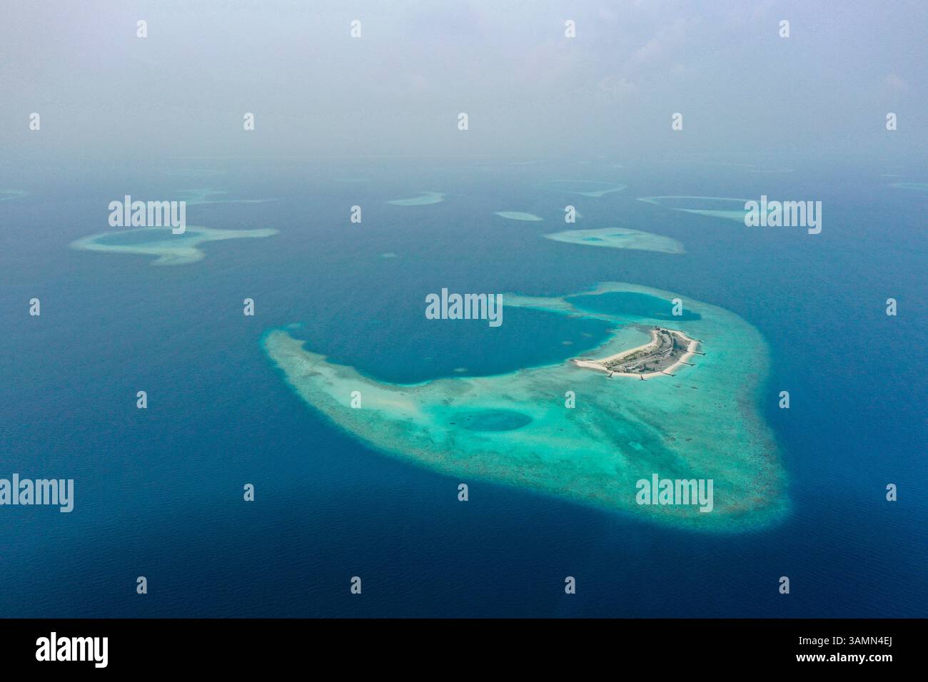 Panoramic aerial view of Atolls complex in the Indian Ocean, Maldives ...