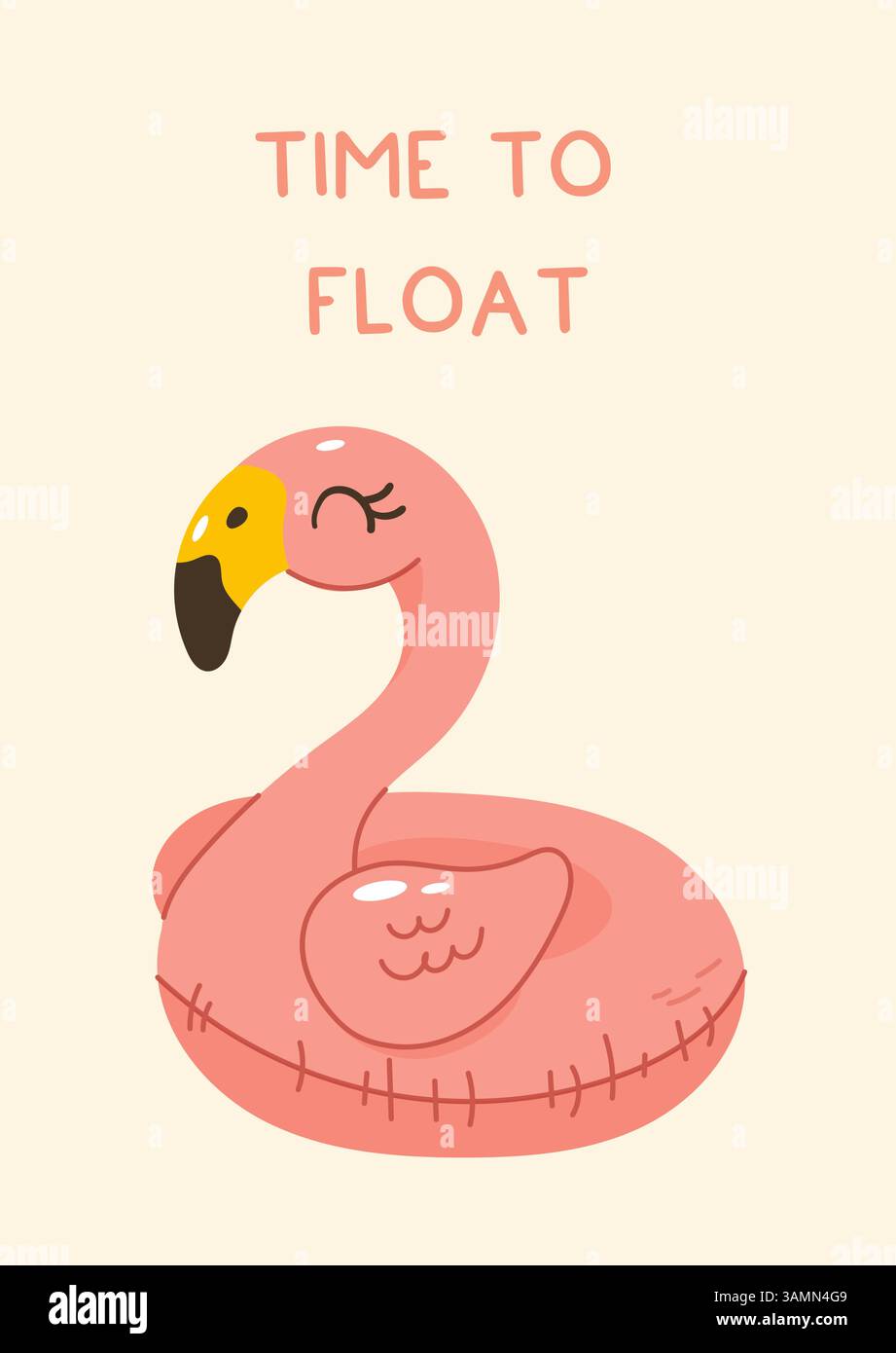 Cute pink inflatable flamingo with a smiling face and “Time to Float ...